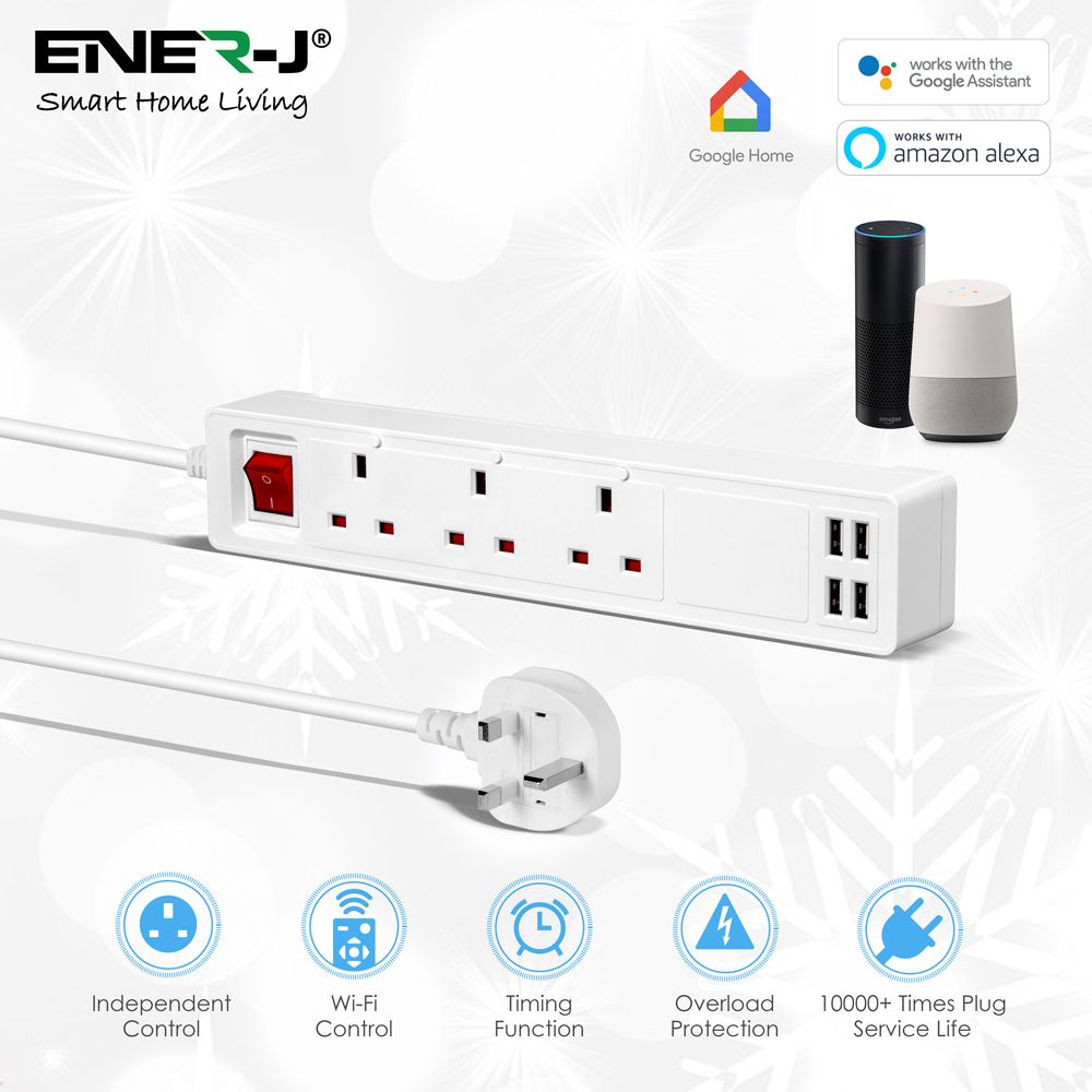 SHA5318 – ENER-J Smart Power Extension Lead (3 Sockets & 4 USB)